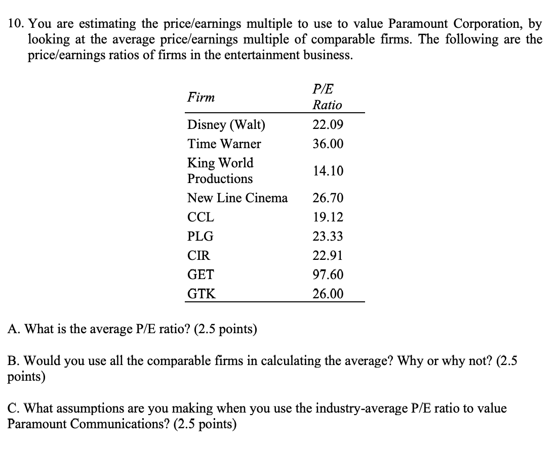 Solved 10. You are estimating the price/earnings multiple to | Chegg.com