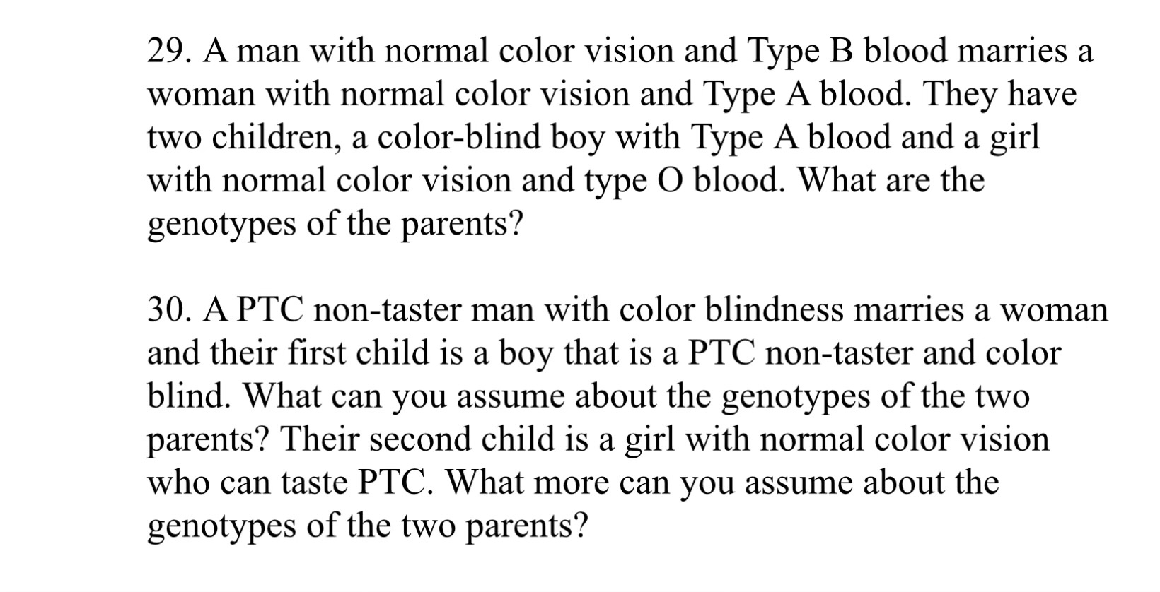 Solved 29. A man with normal color vision and Type B blood | Chegg.com