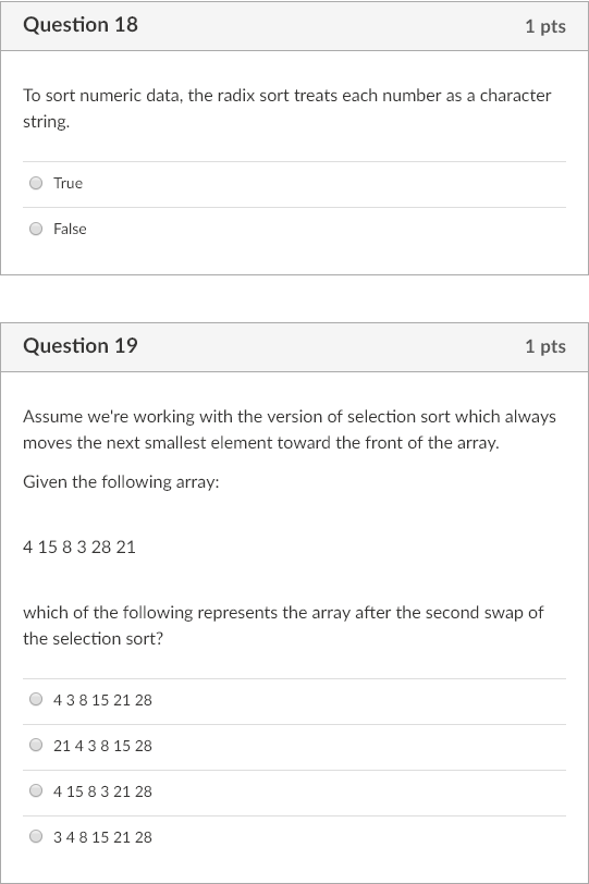 Solved Question 15 1 pts Select the sorting algorithm(s) | Chegg.com