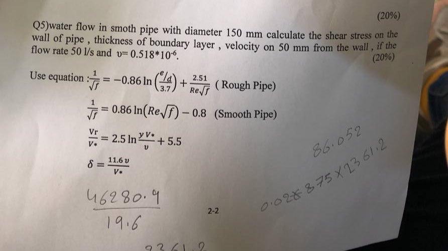 Solved (20%) (20%) Q5)water flow in smoth pipe with diameter | Chegg.com