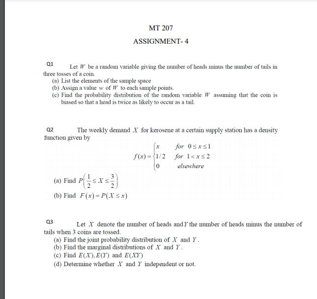 Solved MT 207 ASSIGNMENT-4 Q1 Let w be a random variable | Chegg.com