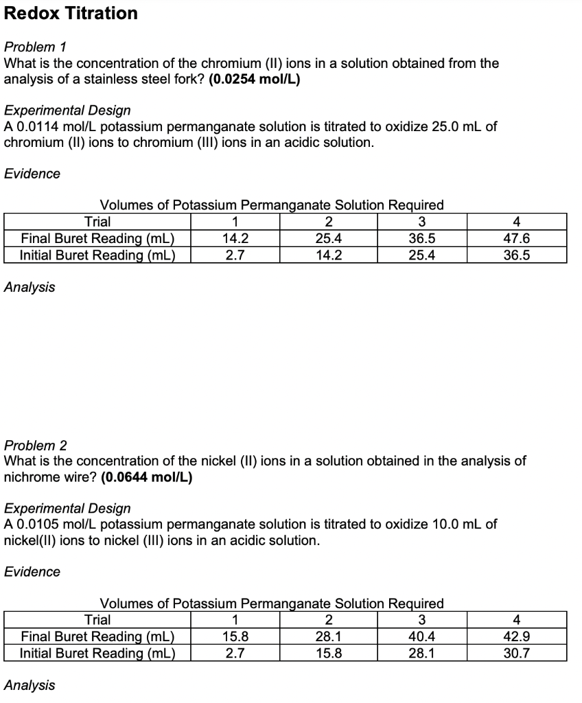 Solved Redox Titration Problem 1 What is the concentration | Chegg.com