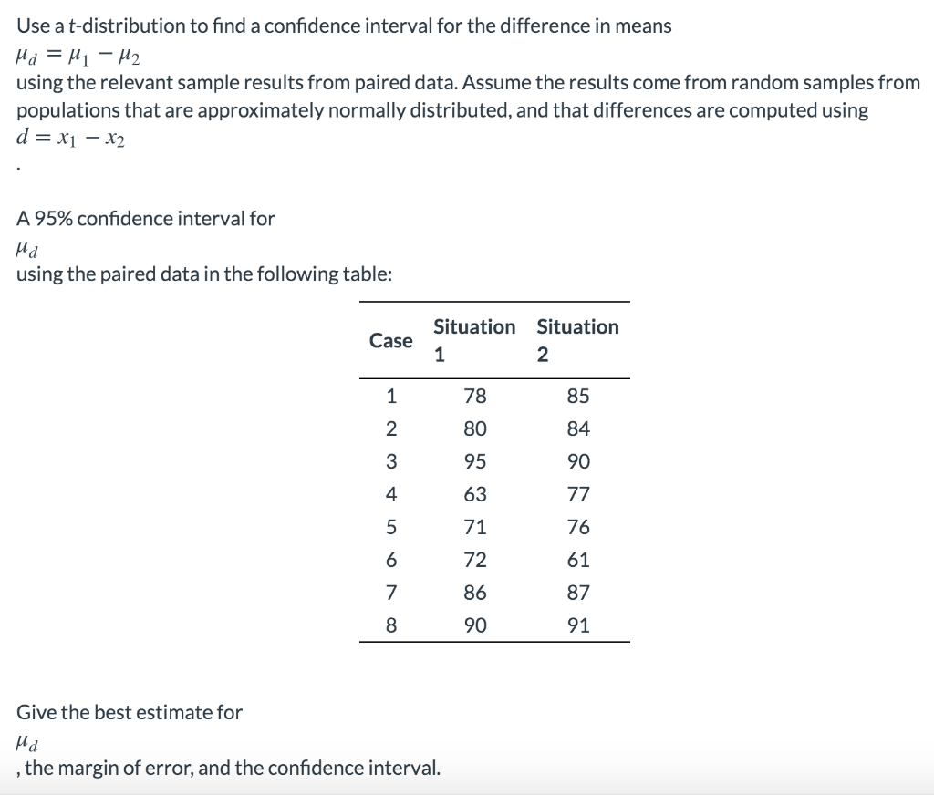 Solved Use a t-distribution to find a confidence interval | Chegg.com