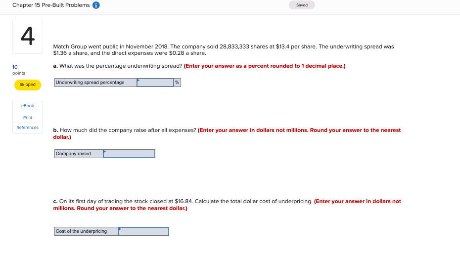 Solved Chapter 15 Pre-Built Problems Saved 4 Match Group | Chegg.com