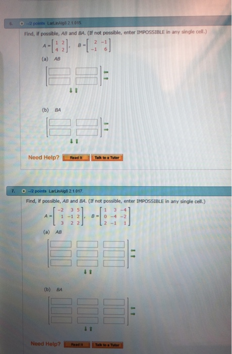 Solved Find, if possible, AB and BA. (If not possible, enter | Chegg.com