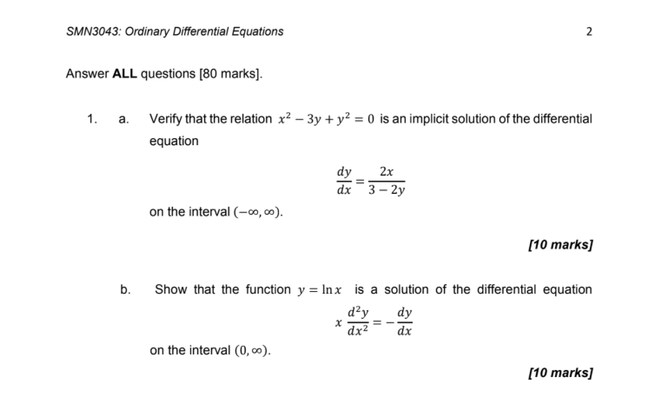 Solved SMN3043: Ordinary Differential Equations 2. 2 Answer | Chegg.com