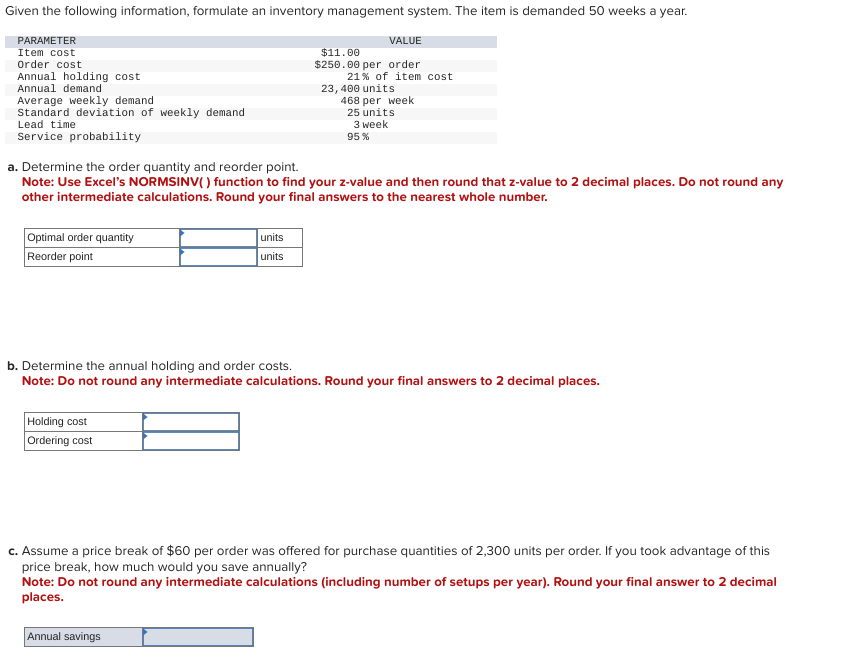 Solved a. Determine the order quantity and reorder point. | Chegg.com