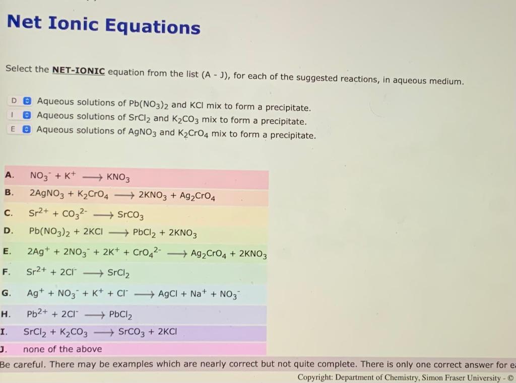 Solved Select the NET-IONIC equation from the list (A−J), | Chegg.com