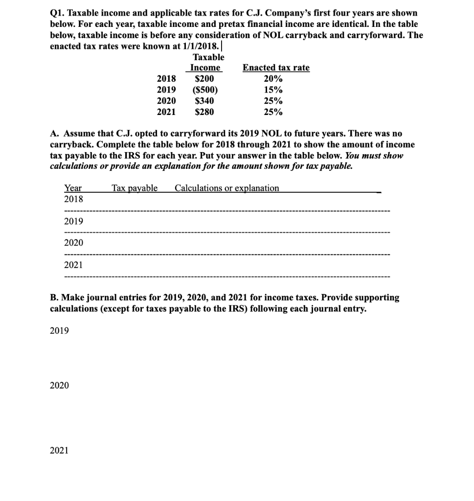 Solved Q1. Taxable income and applicable tax rates for C.J. | Chegg.com