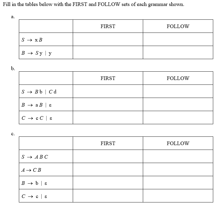 Solved Fill in the tables below with the FIRST and FOLLOW | Chegg.com