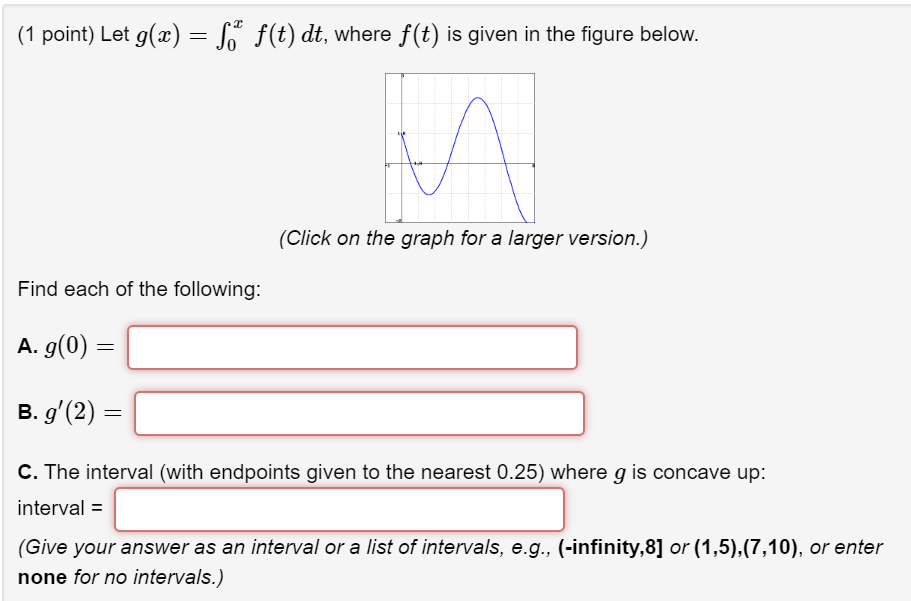 Solved (1 point) Let g(x) = f(t) dt, where f(t) is given in | Chegg.com