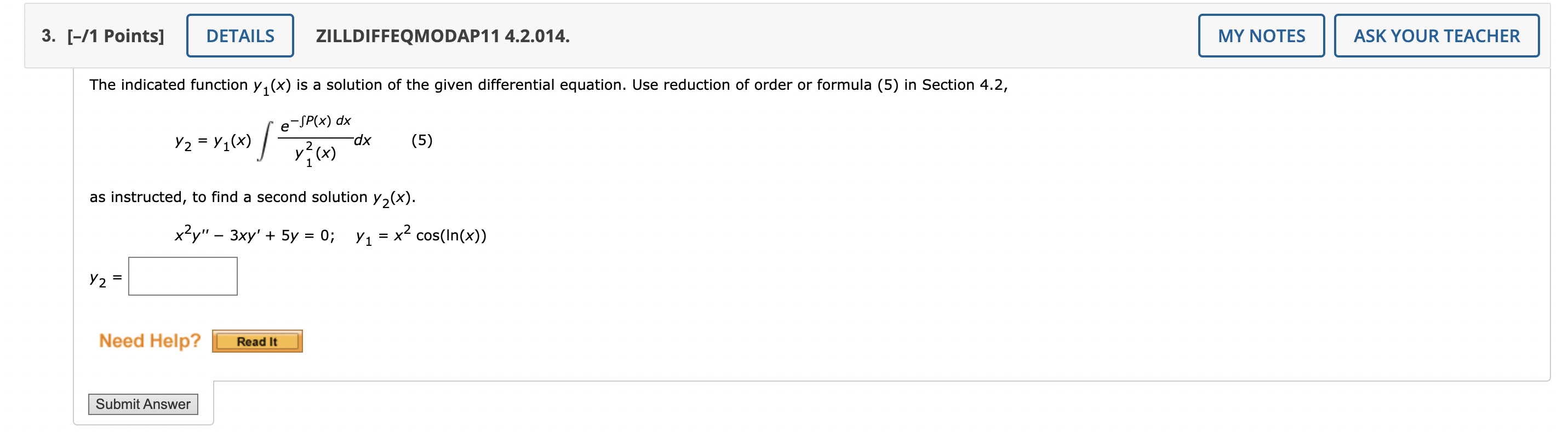Solved The indicated function y1(x) ﻿is a solution of the | Chegg.com