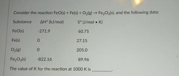 Solved Consider the reaction FeO(s) + Fe(s) + O2(g) → | Chegg.com
