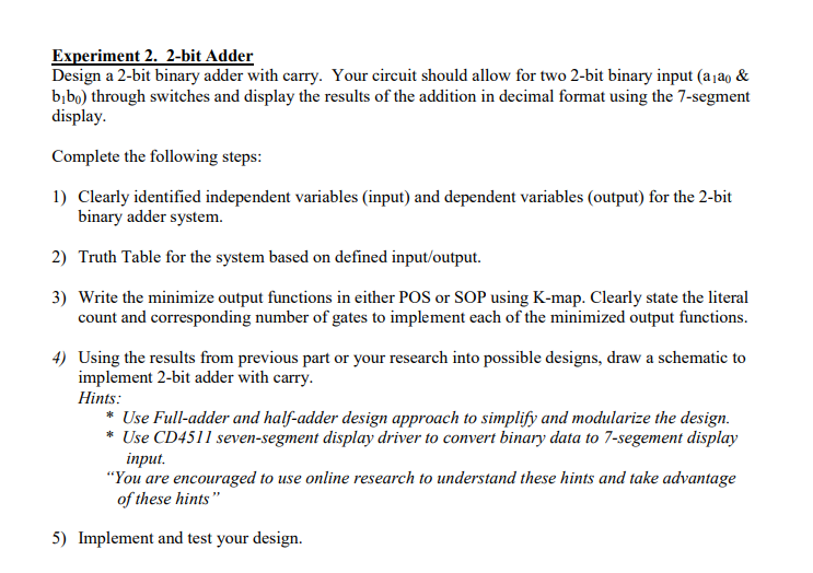 Experiment 2. 2-bit Adder Design a 2-bit binary adder | Chegg.com