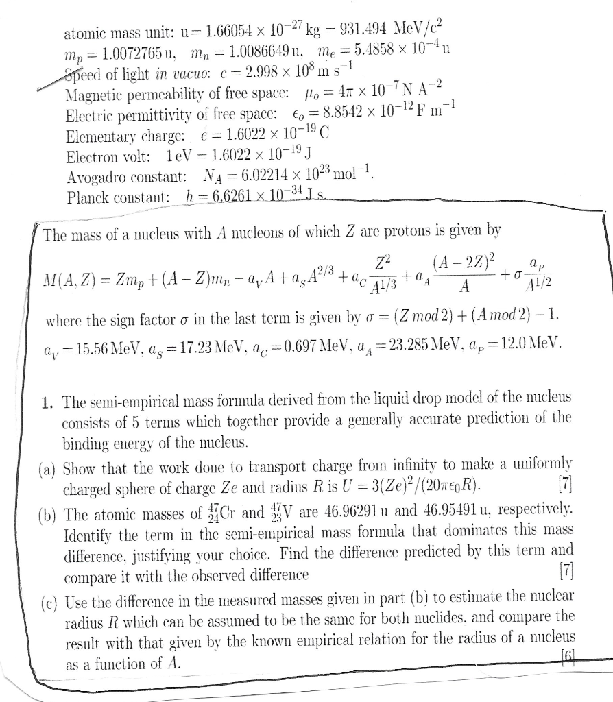 Solved atomic mass unit: u= 1.66054 x 10-27 kg = 931.494 | Chegg.com
