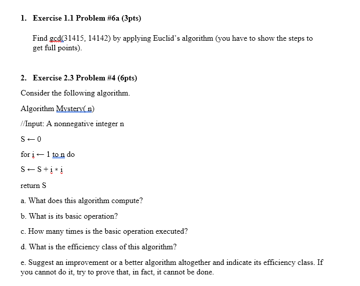 Solved 1. Exercise 1.1 Problem #6a (3pts) Find ged(31415, | Chegg.com