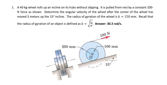 Solved A 40-kg wheel rolls up an incline on its hubs without | Chegg.com