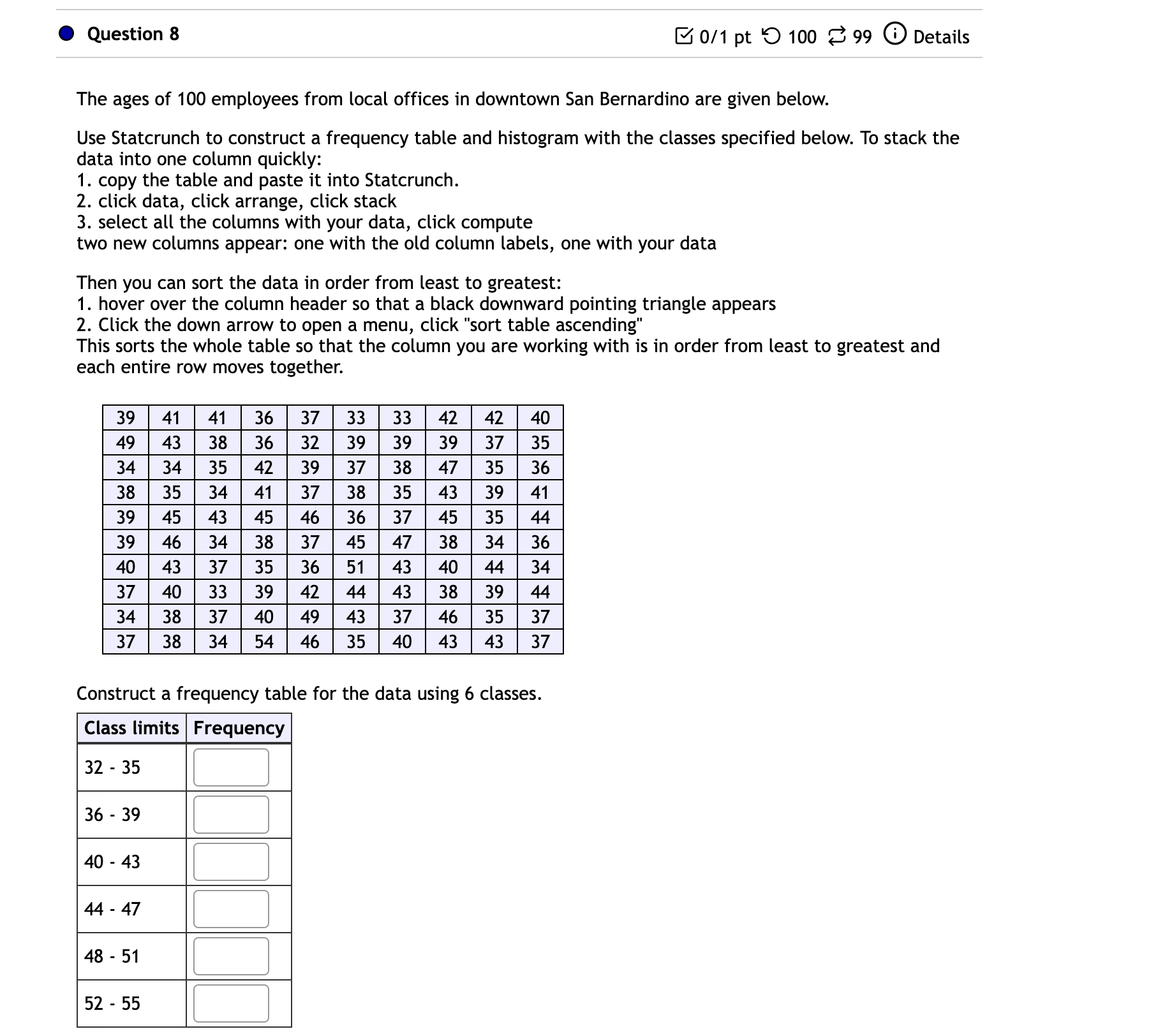 Construct a frequency table for the data using 6 | Chegg.com