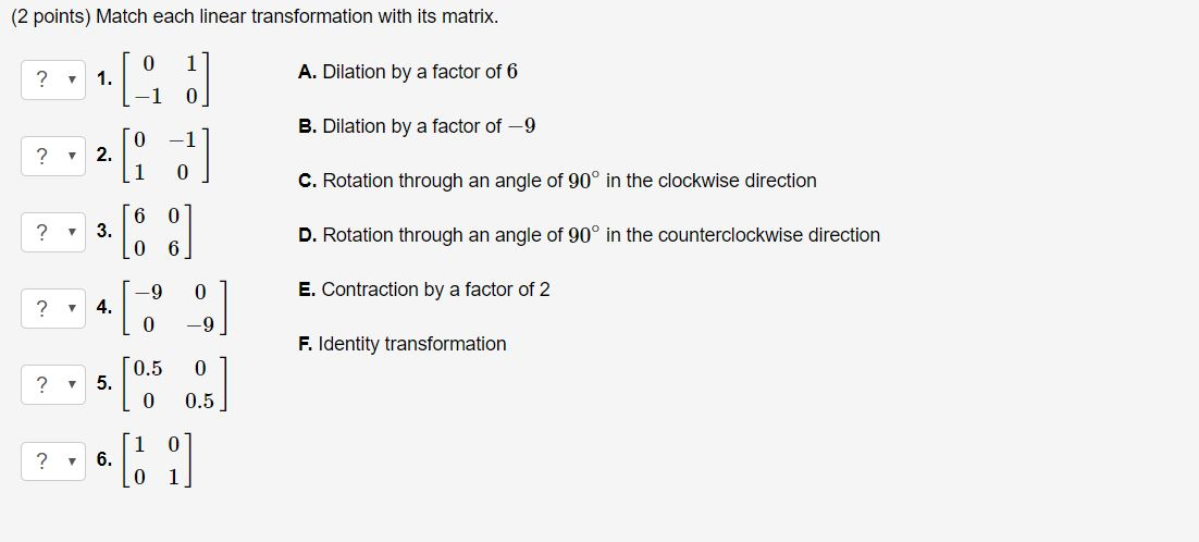 Solved (2 points) Match each linear transformation with its | Chegg.com