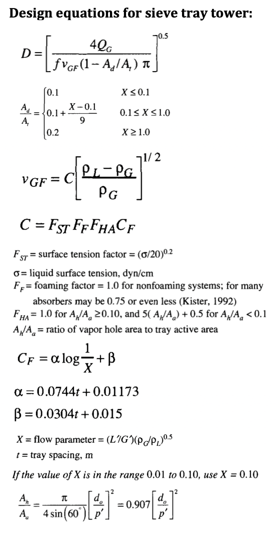 Solved Design equations for sieve tray tower: 70.5 D= 496 | Chegg.com