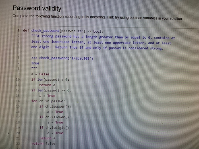 Solved Password validity Complete the following tunction | Chegg.com