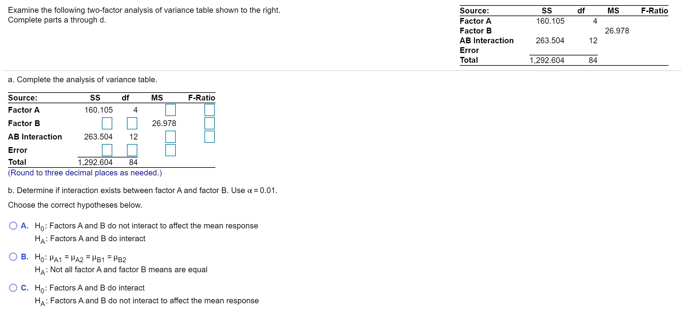 df MS F-Ratio Examine the following two-factor | Chegg.com