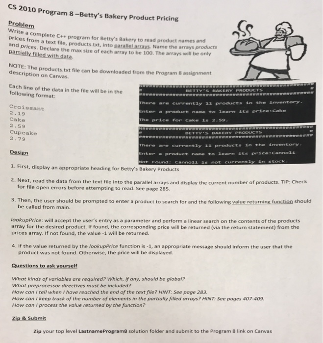 Solved CS 2010 Program 8-Betty's Bakery Product Pricing | Chegg.com