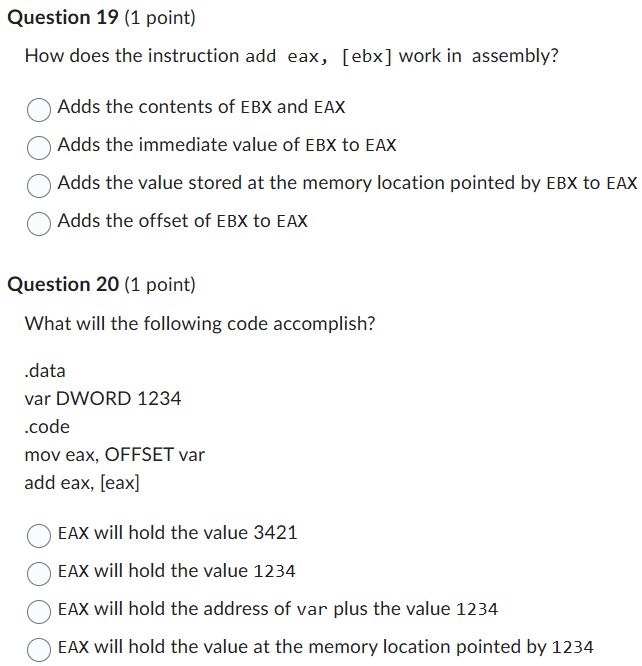 Solved Question 19 (1 ﻿point)How does the instruction add | Chegg.com