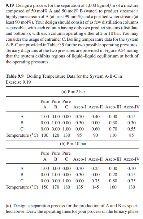 Solved 9.19 Design a process for the separation of | Chegg.com