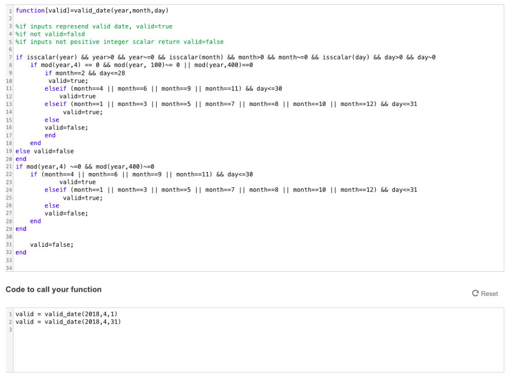 Solved MATLAB Write a function called valid_date that takes | Chegg.com