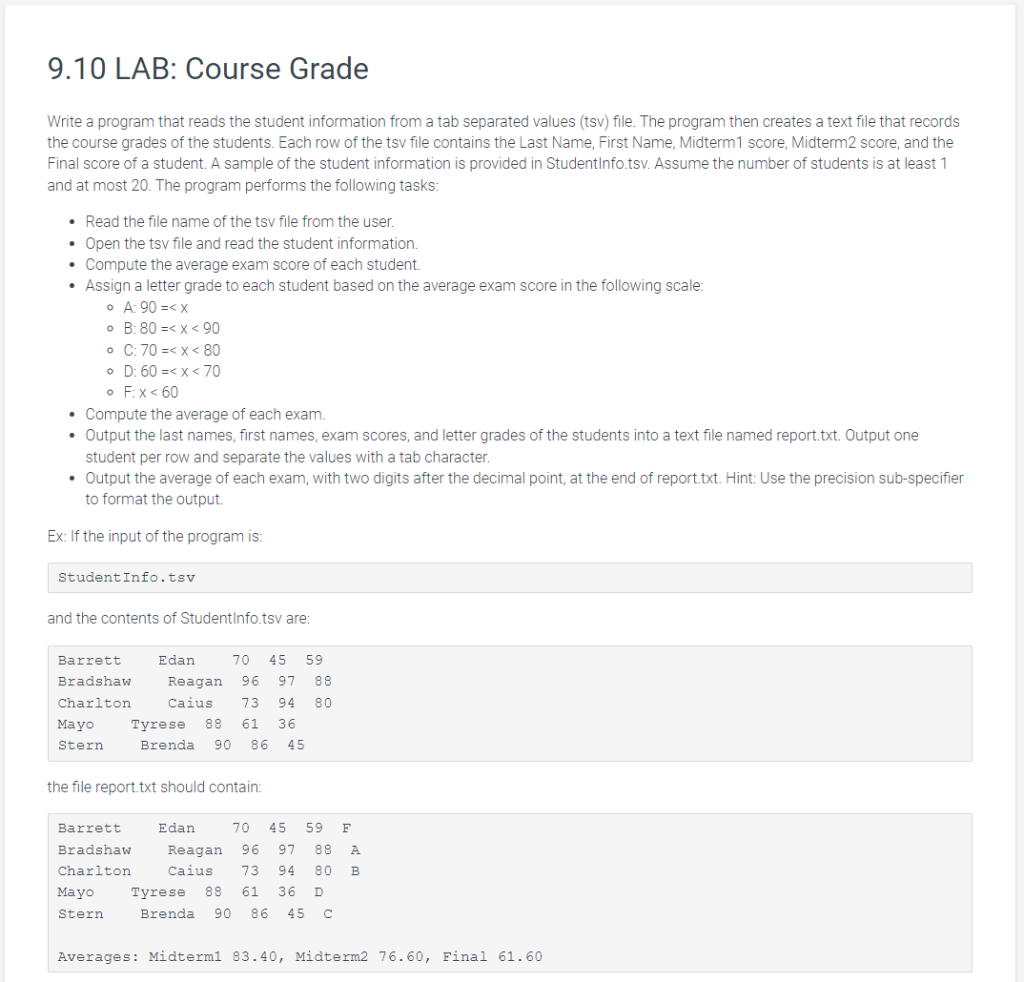Solved 9 10 LAB Course Grade Write A Program That Reads The Chegg
