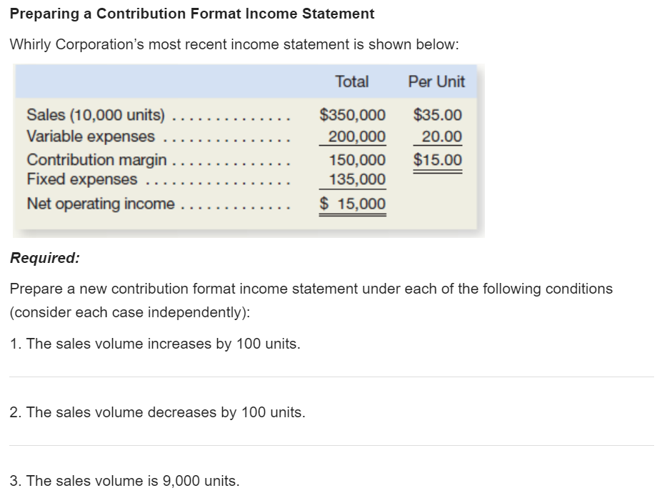 Solved Preparing a Contribution Format Income Statement | Chegg.com