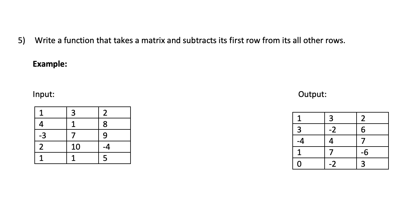 Solved 5) Write a function that takes a matrix and subtracts | Chegg.com