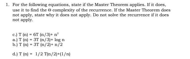 Solved 1. For the following equations, state if the Master | Chegg.com