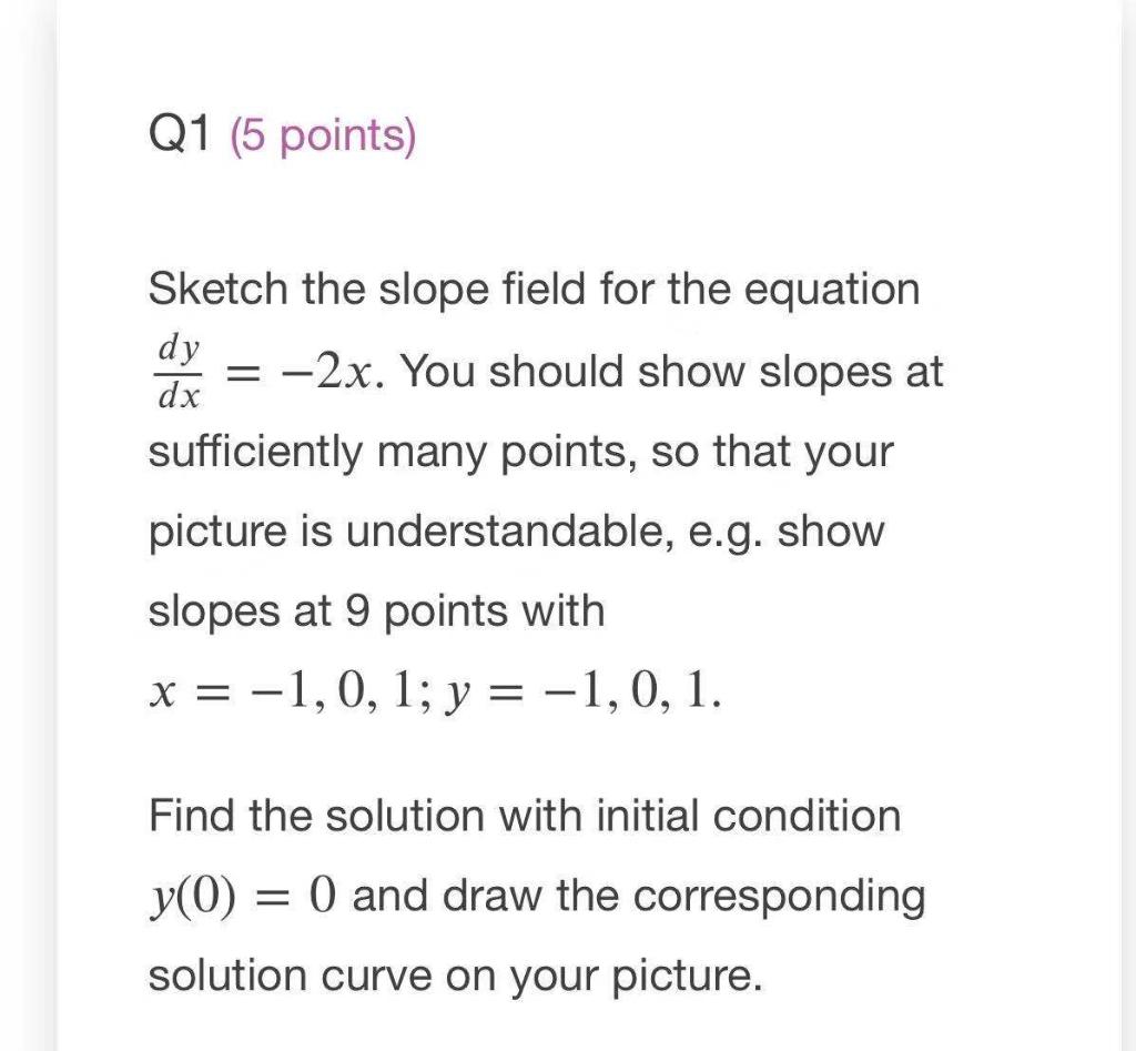 Solved Q1 (5 points) - Sketch the slope field for the | Chegg.com