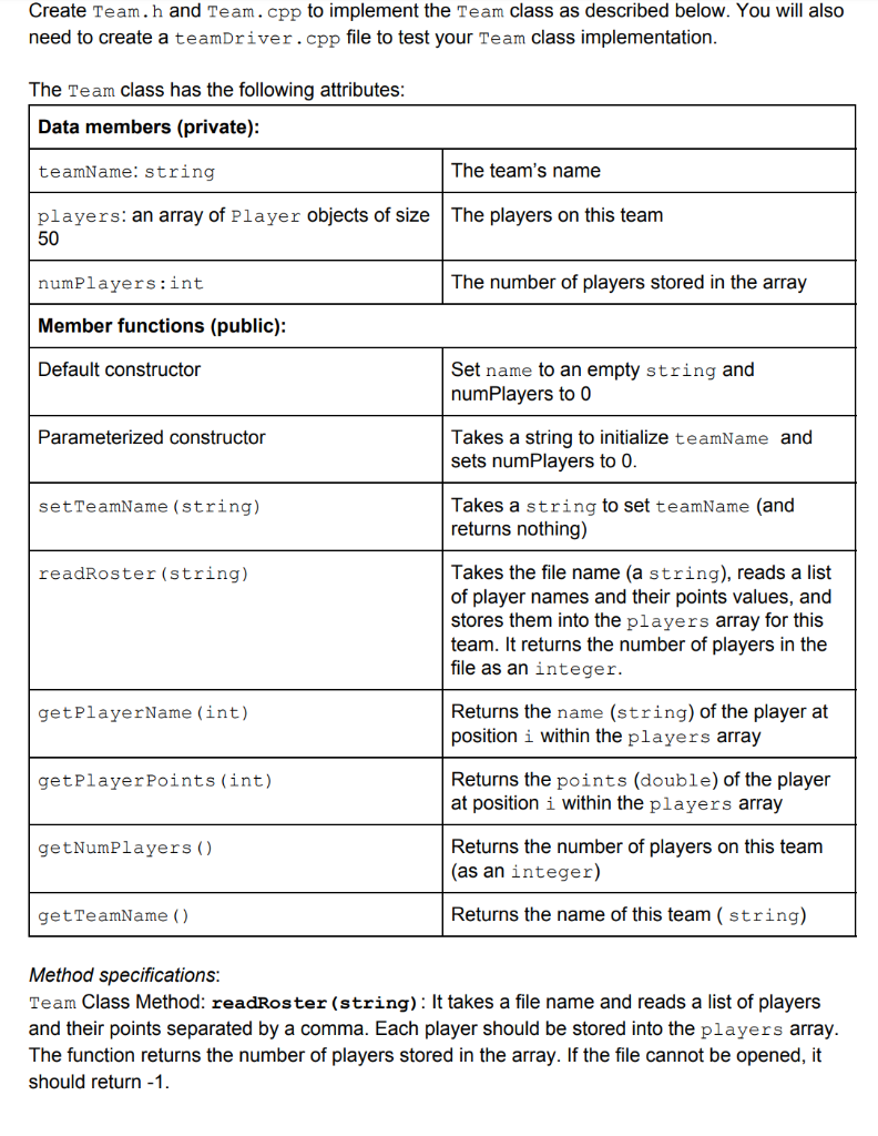 Solved Create Team.h and Team.cpp to implement the Team | Chegg.com