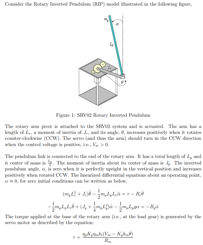 Consider the Rotary Inverted Pendulum (RIP) model | Chegg.com