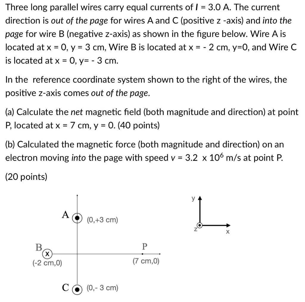 Solved Three long parallel wires carry equal currents of I = | Chegg.com