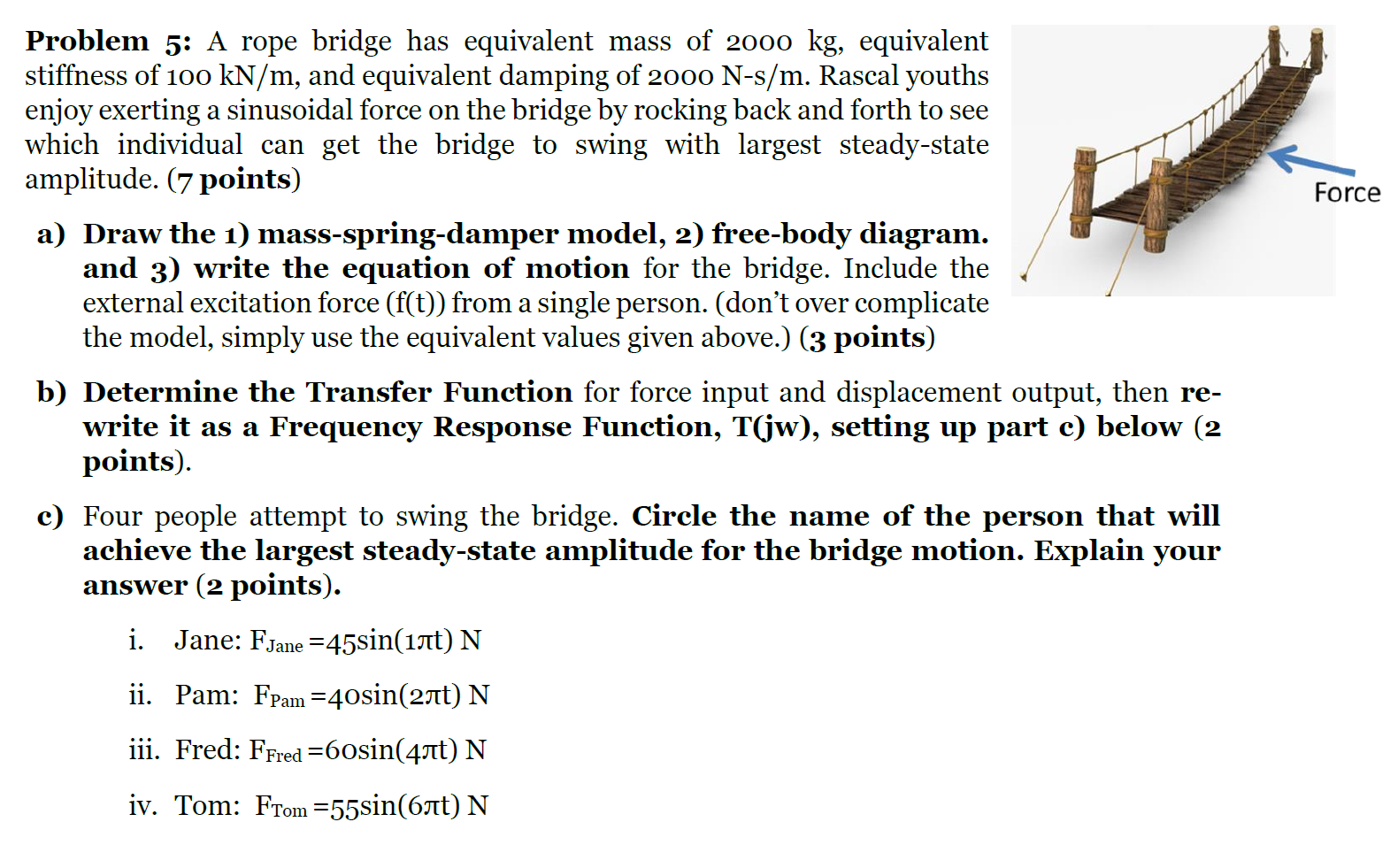 Solved Force Problem 5: A rope bridge has equivalent mass of | Chegg.com