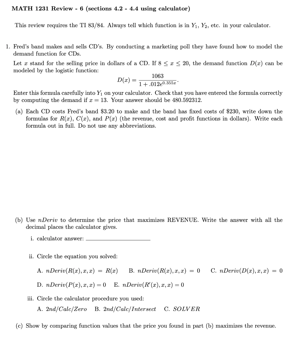 Solved MATH 1231 Review - 6 (sections 4.2 - 4.4 using | Chegg.com