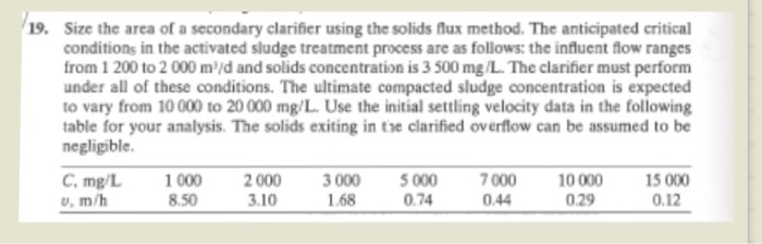 Solved 19. Size the area of a secondary clarifier using the | Chegg.com