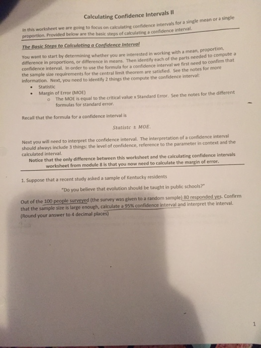Solved Calculating Confidence Intervals II worksheet we are | Chegg.com