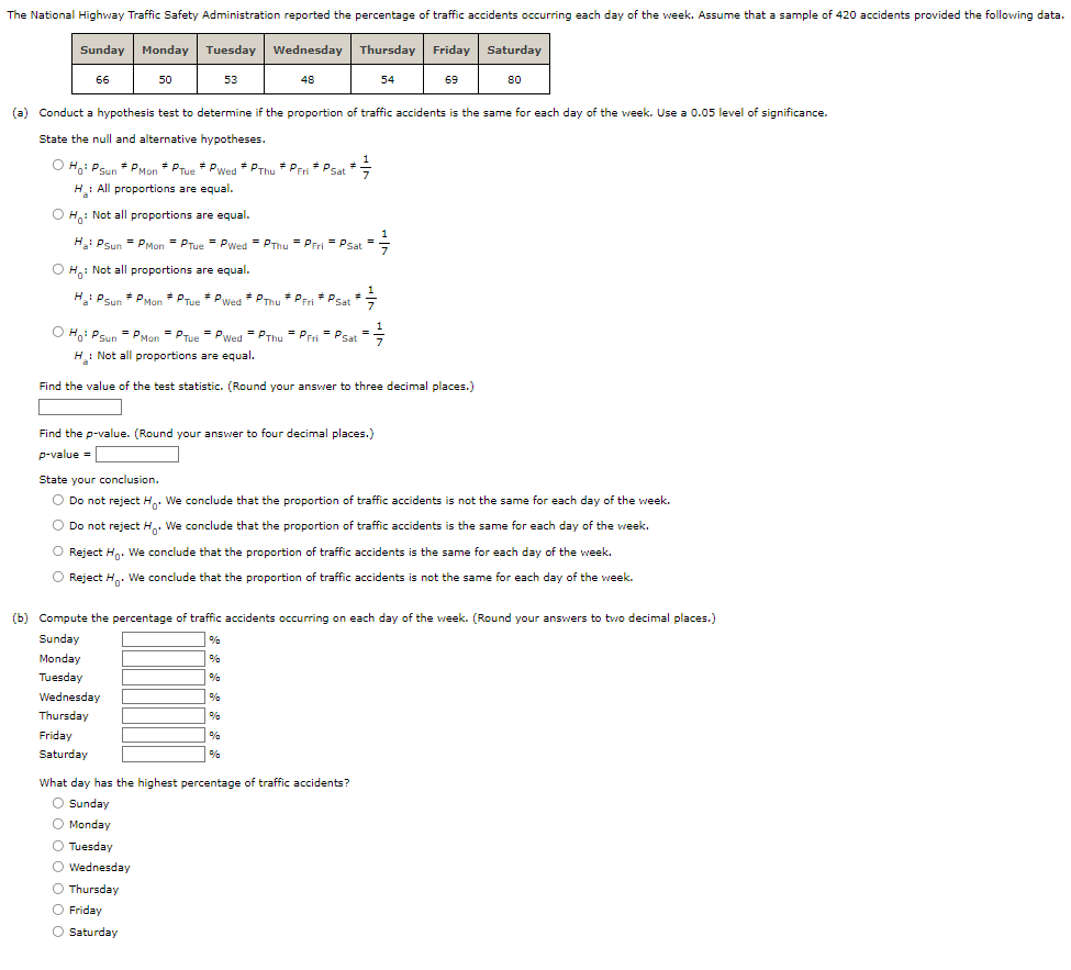 Solved H0:pSun =pMon =pTue =pWed =pThu =pFri =pSat | Chegg.com