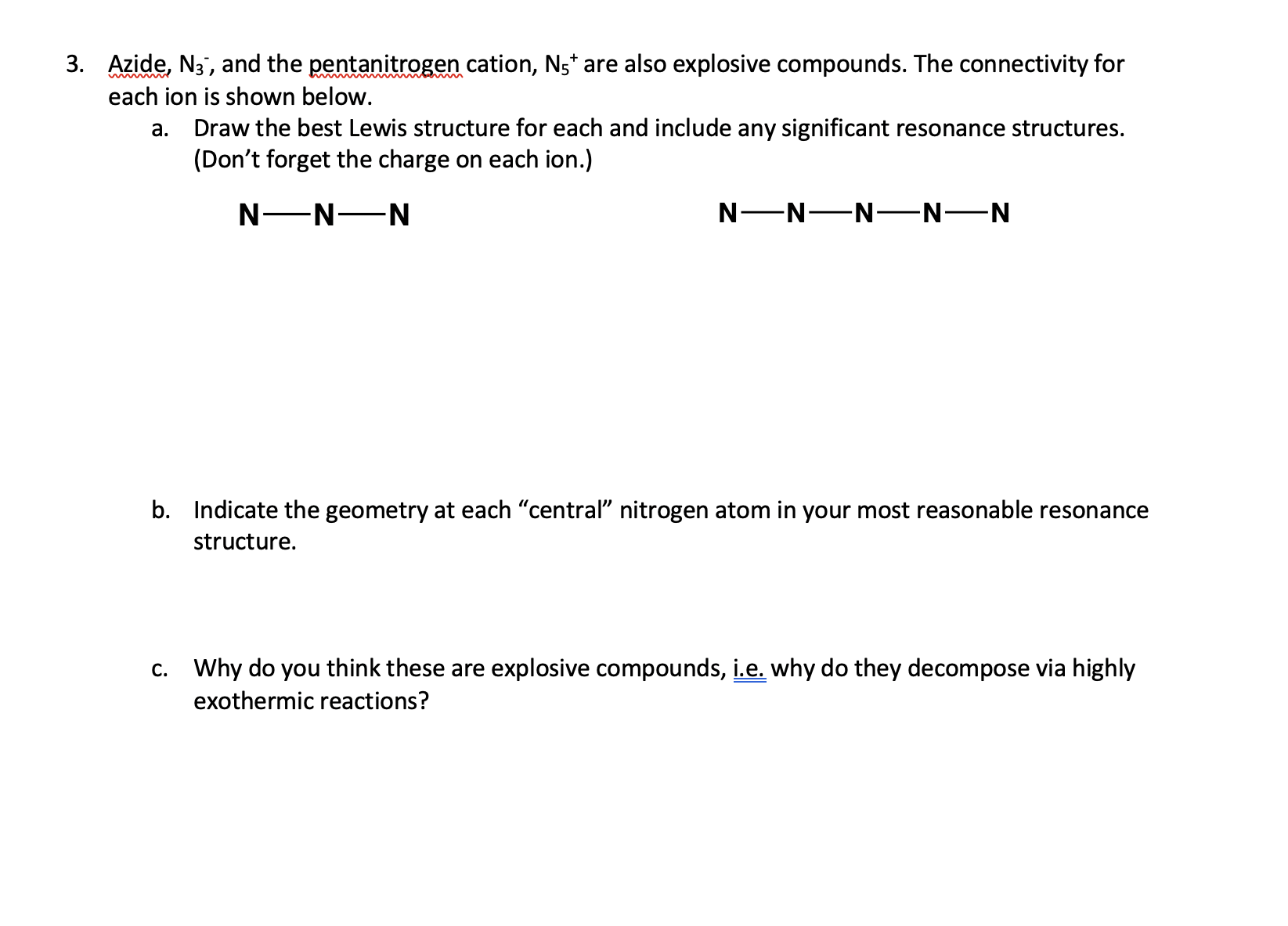Solved 3. Azide, N3−, and the pentanitrogen cation, N5+are | Chegg.com