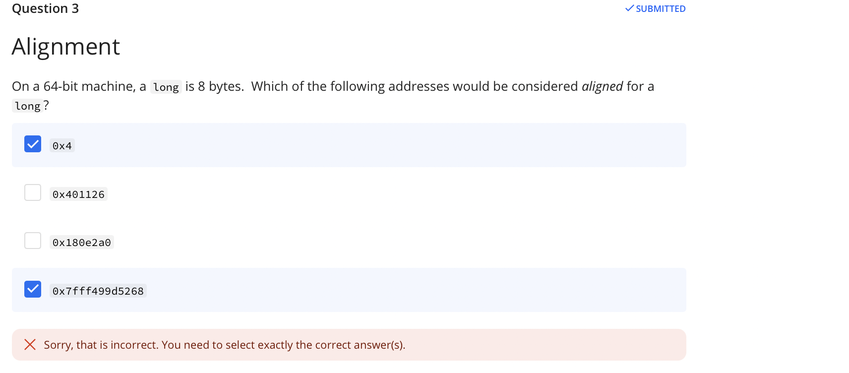 Solved Question 3 SUBMITTED Alignment On a 64-bit machine, a | Chegg.com