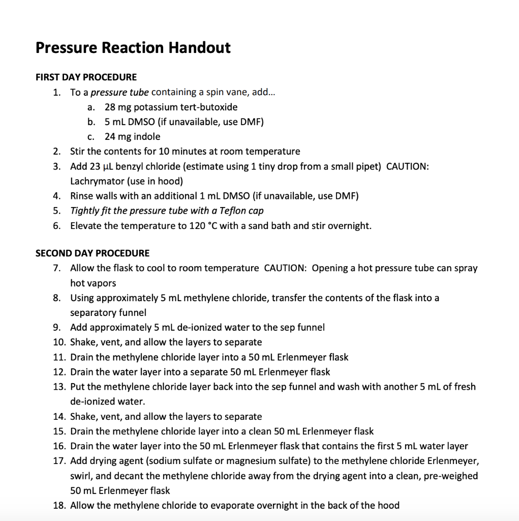 Solved Pressure Reaction Handout FIRST DAY PROCEDURE 1. To a | Chegg.com