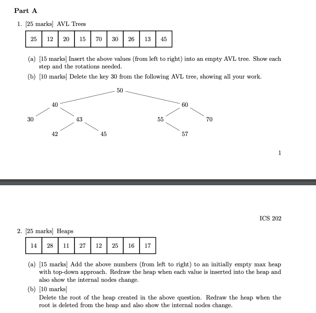 Solved Part A 1. [25 marks] AVL Trees 25 12 20 15 70 30 26 | Chegg.com