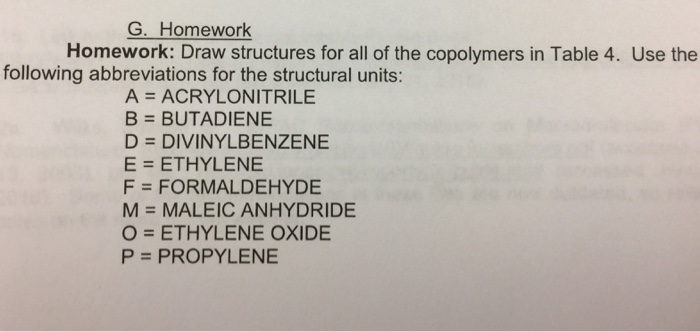 Solved S = STYRENE V VINYL ACETATE Table 4. Copolymers 1. | Chegg.com