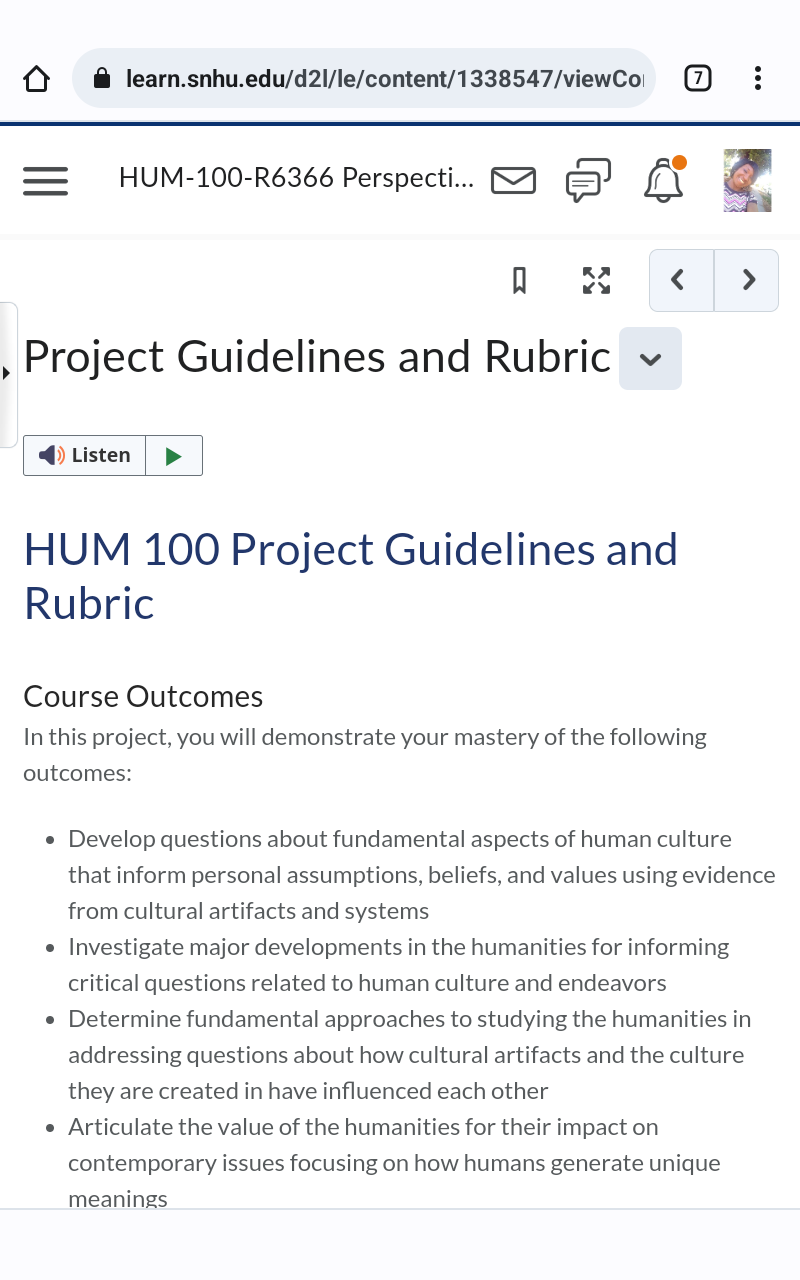 Project Guidelines and Rubric HUM 100 Project | Chegg.com