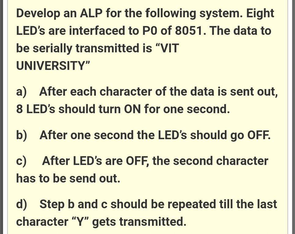 Solved Develop an ALP for the following system. Eight LED's | Chegg.com